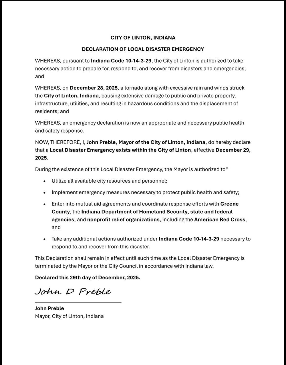 Declaration of Local Disaster Emergency in Linton Following Tornado Damage